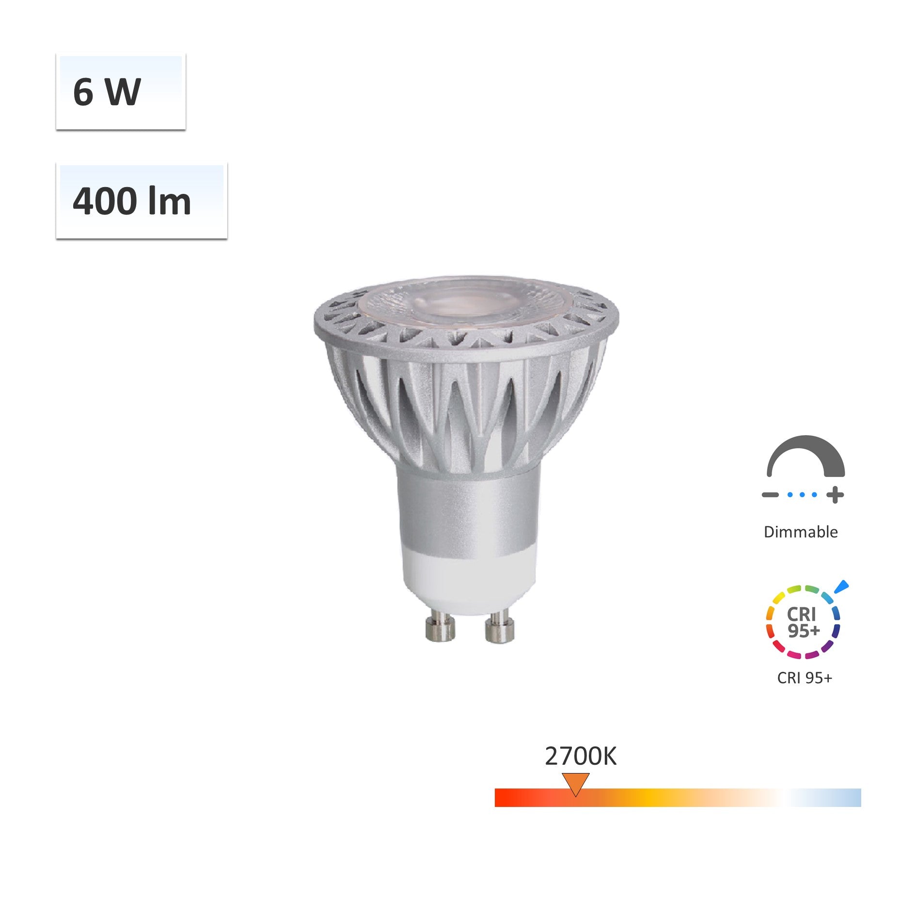 CRI-MAX™ CRI 95+ GU10 6W Dimmable LED Spotlight 2700K - 6pcs